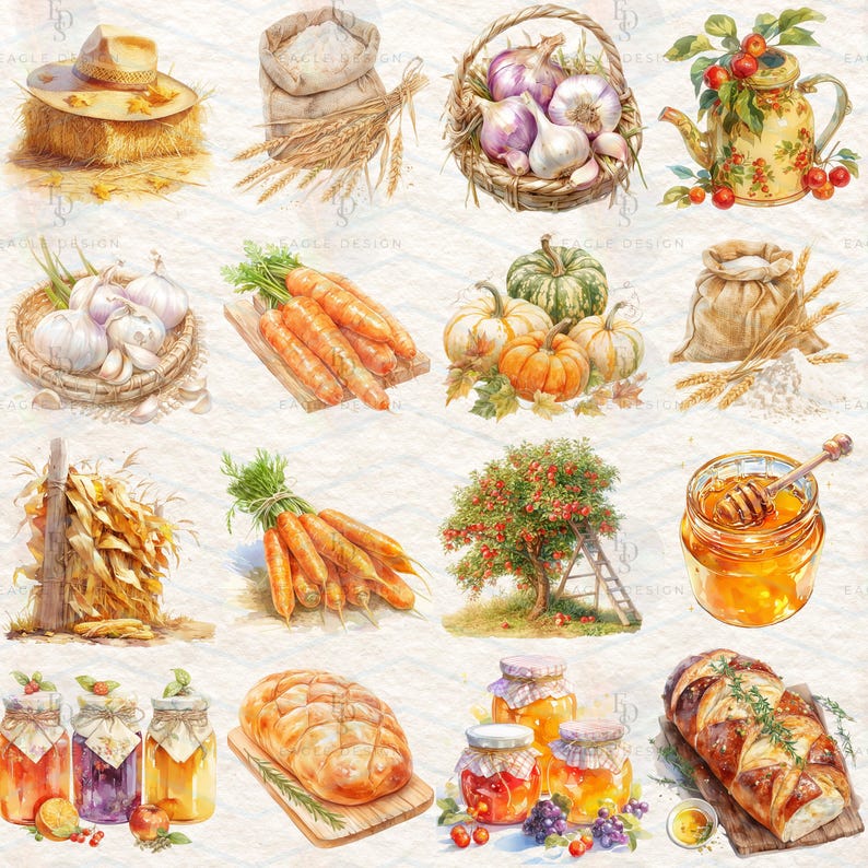 120 PNG Autumn Harvest Clipart Bundle, Watercolor Fall Farm PNG ...