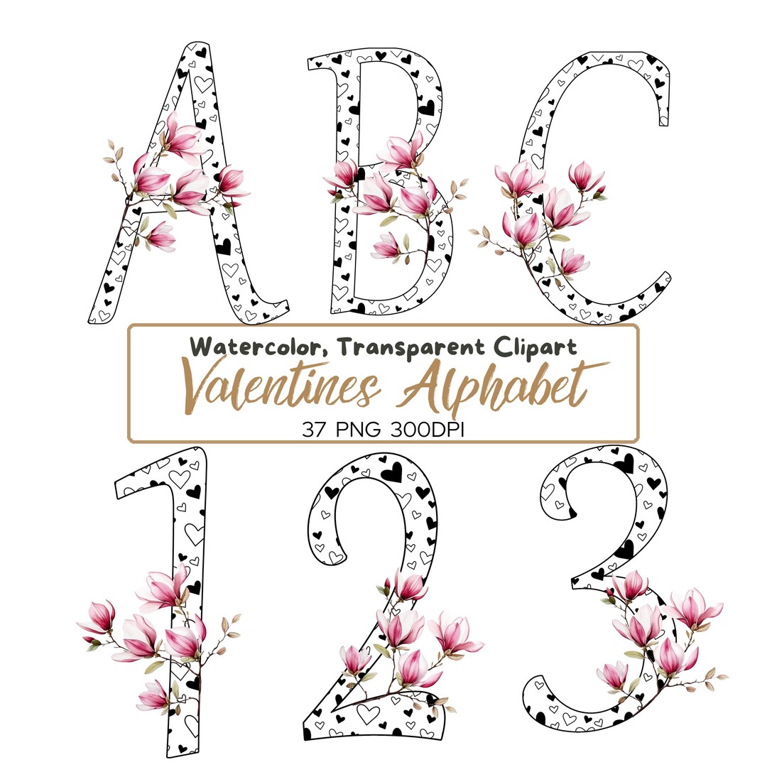 Valentine's Magnolia Alphabet Clipart: Letters & Numbers (300 DPI ...