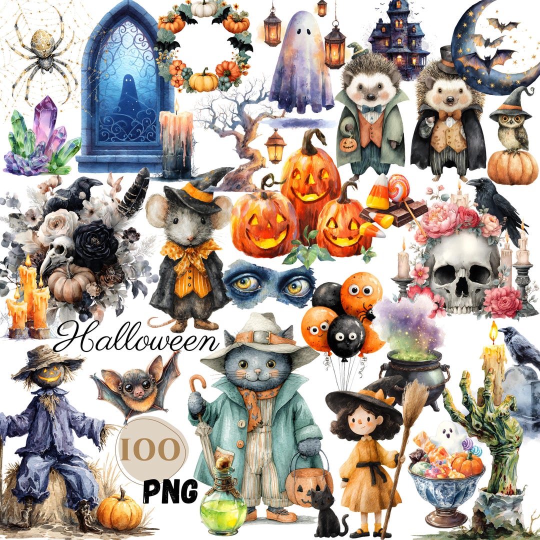 Halloween Clipart Bundle: 100 PNG Watercolor Illustrations (digital ...