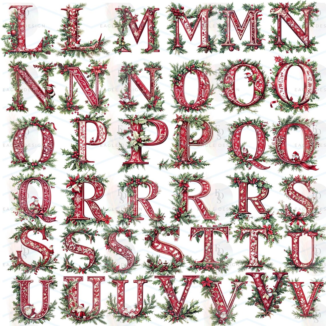 CHRISTMAS Initial Letters Bundle Card Clipart, English Alphabet Letters ...