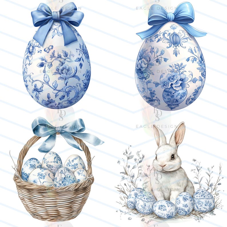 37 PNG Easter Blue CHINOISERIE Clipart – Spring Floral Blue Bunny With ...