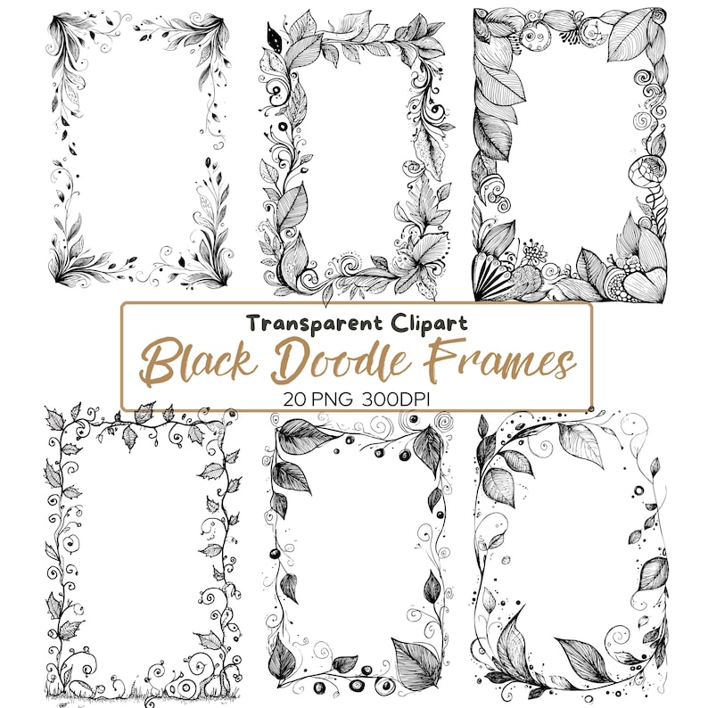 20 PNG DOODLE Black Frame Clipart, Black Floral Leaf Frame, Wedding ...