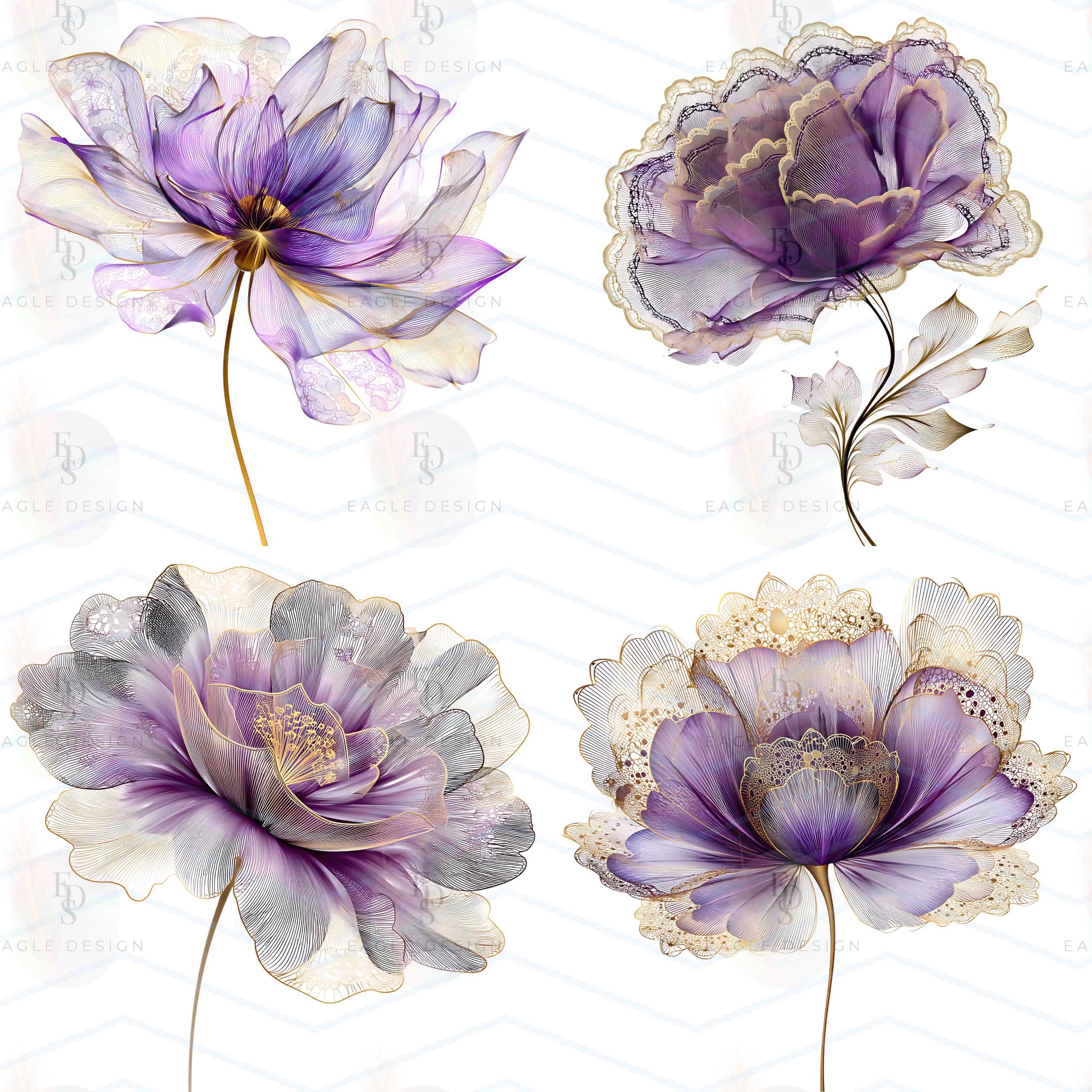 20 PNG PURPLE - Rose Gold Abstract FLOWERS Clip Arts, Golden Outline ...