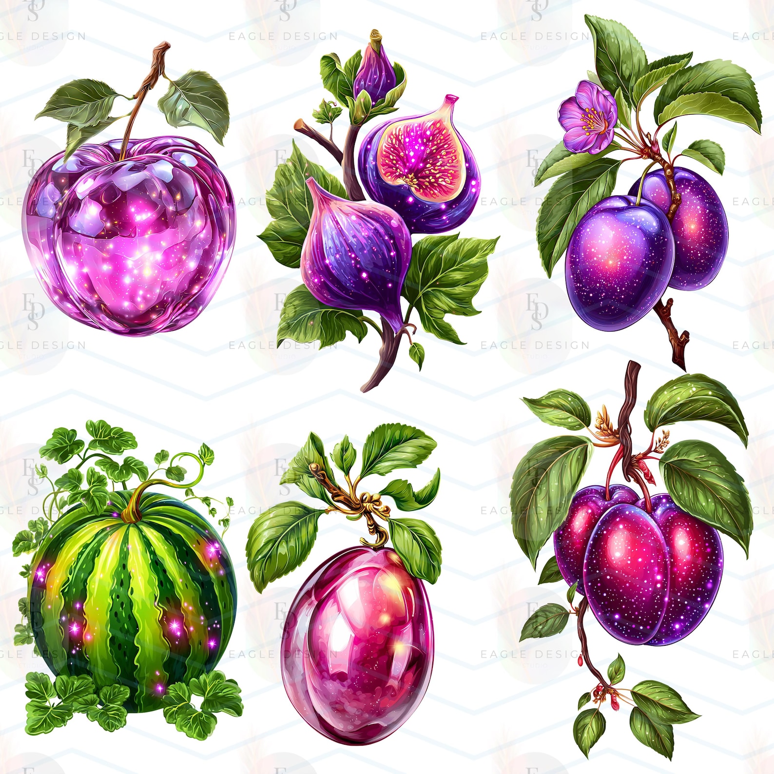 60 PNG Glowing FRUIT Clipart Bundle, Transparent, Neon Sparkle Fruit ...