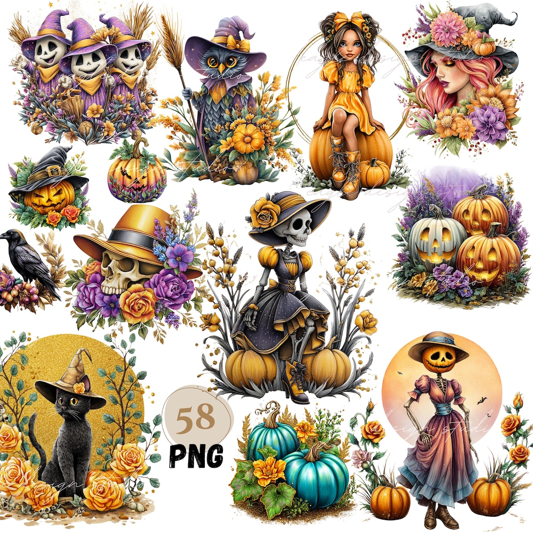 Witchy Halloween Clipart Bundle: Pumpkins, Skeletons, Cats (digital ...