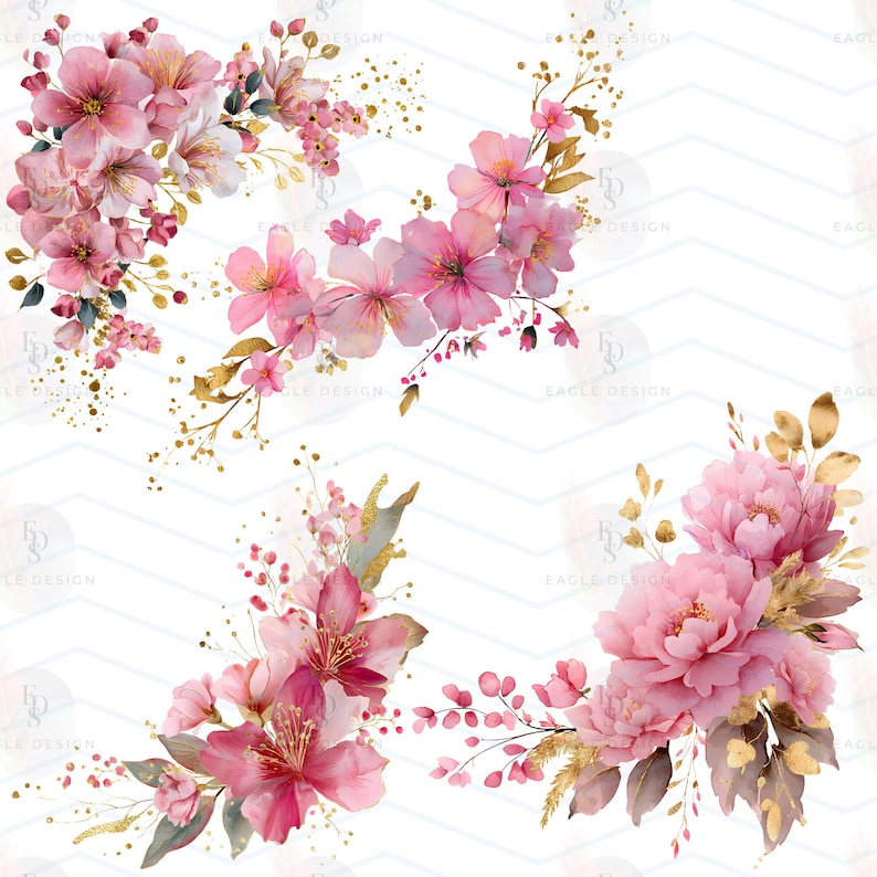 30 PNG PINK Gold Watercolor Corner Border FLOWERS Clip Arts, Pastel ...