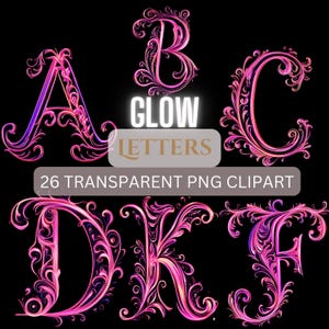 26 PNG, GLOW Alphabet Letters Bundle Card Clipart, English Alphabet ...