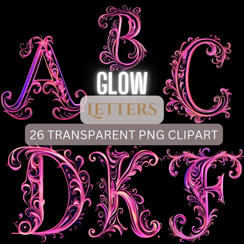 26 PNG, GLOW Alphabet Letters Bundle Card Clipart, English Alphabet ...