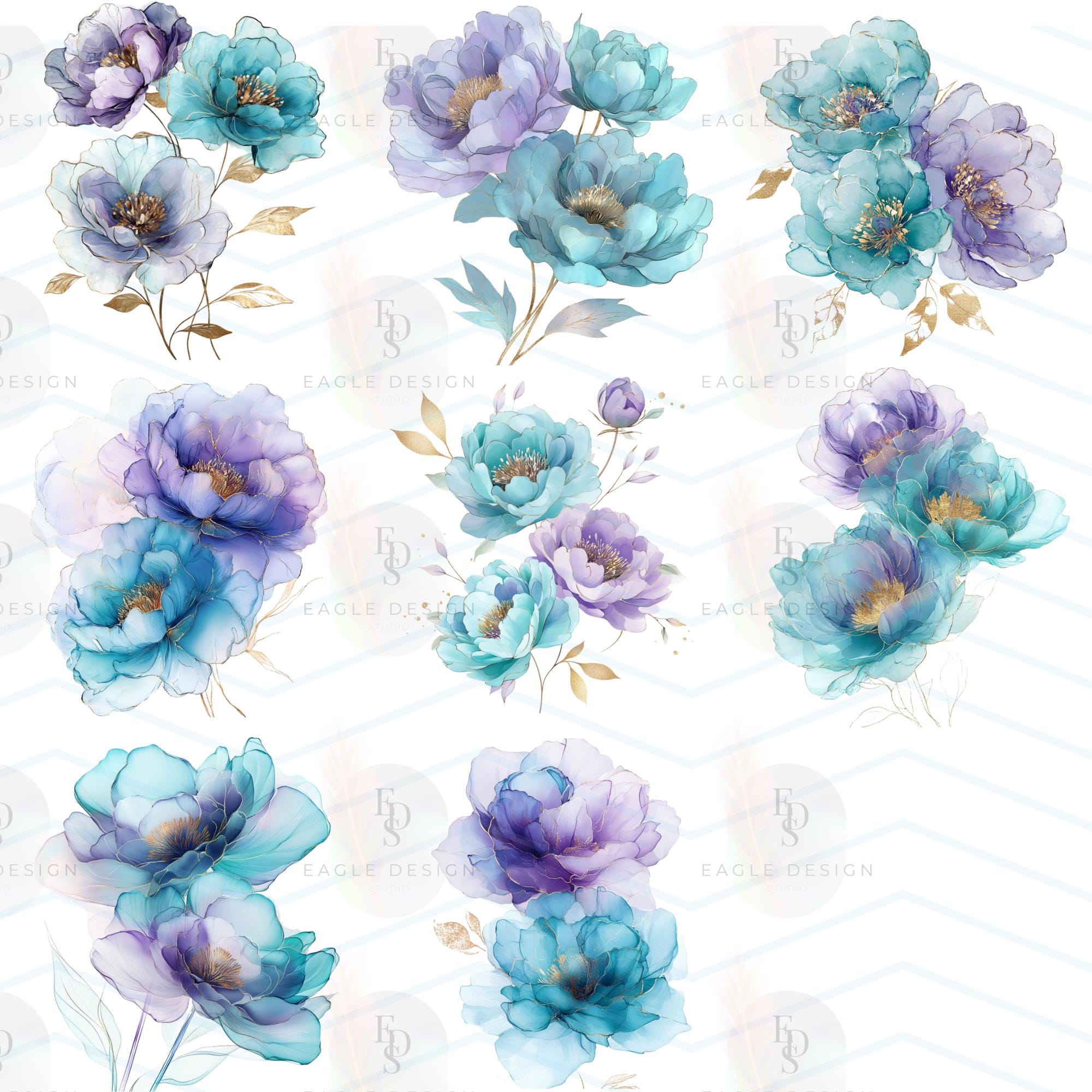 60 PNG TEAL and Purple Watercolor FLOWERS Clip Arts (300 Dpi ...