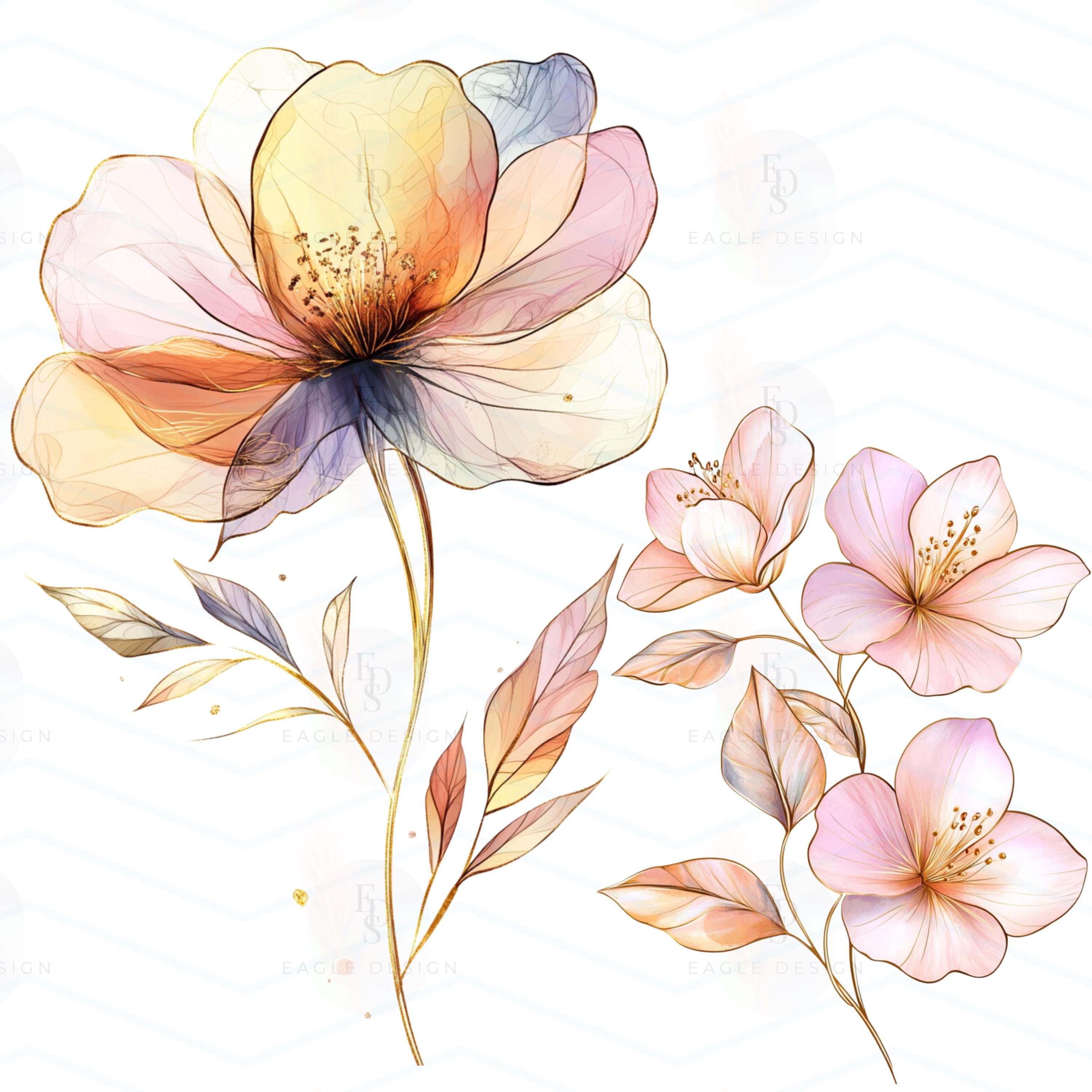15 PNG WATERCOLOR Flower Clip Arts (300 Dpi, Commercial Use, Bundle ...