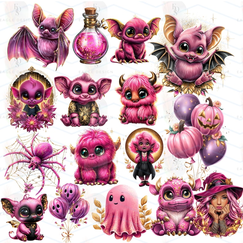 Pink Halloween Clipart Bundle: Witchy, Spooky, Kawaii (digital Download ...