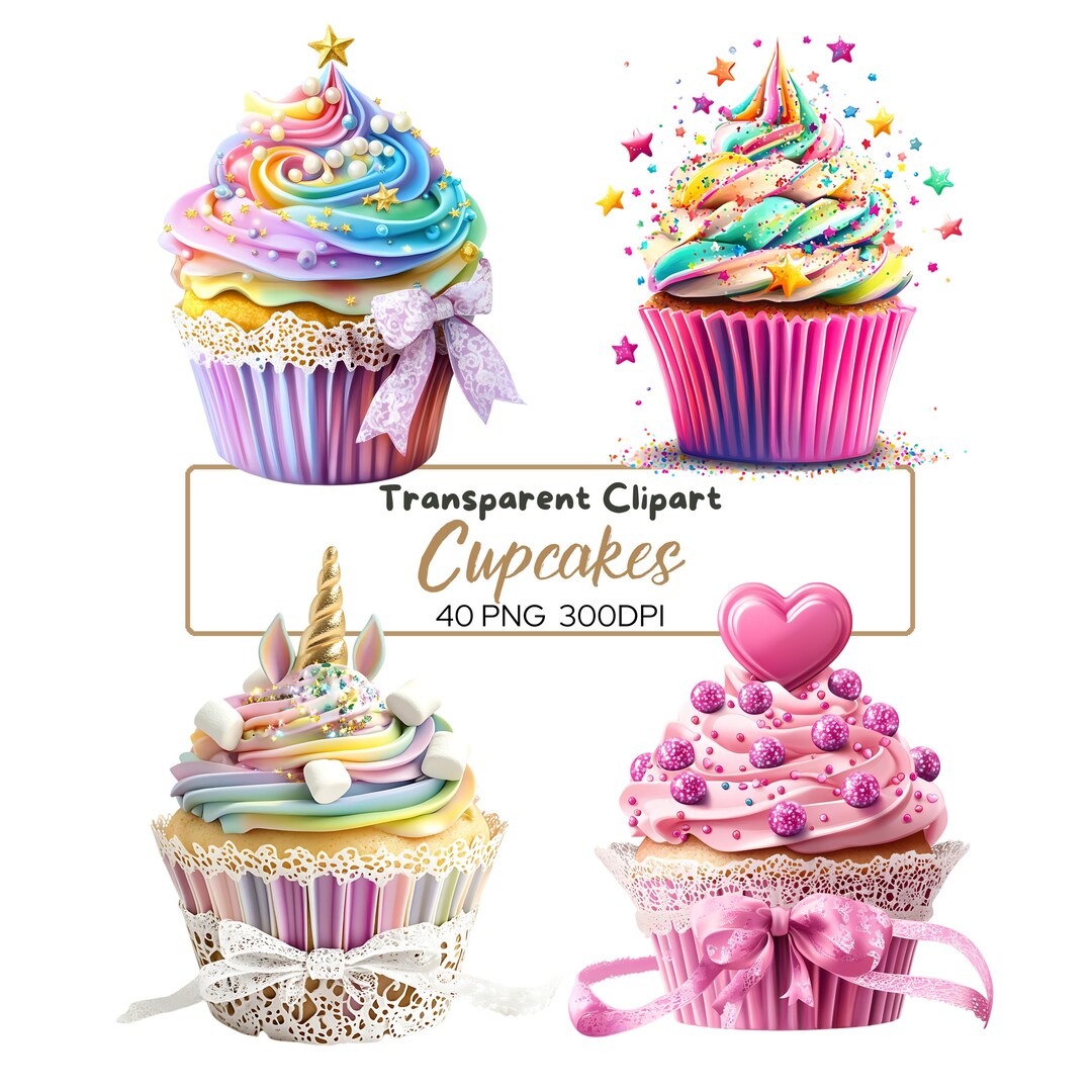 40 PNG Cupcake Clipart Bundle, Birthday Cake, Pastel Unicorn Cupcake ...