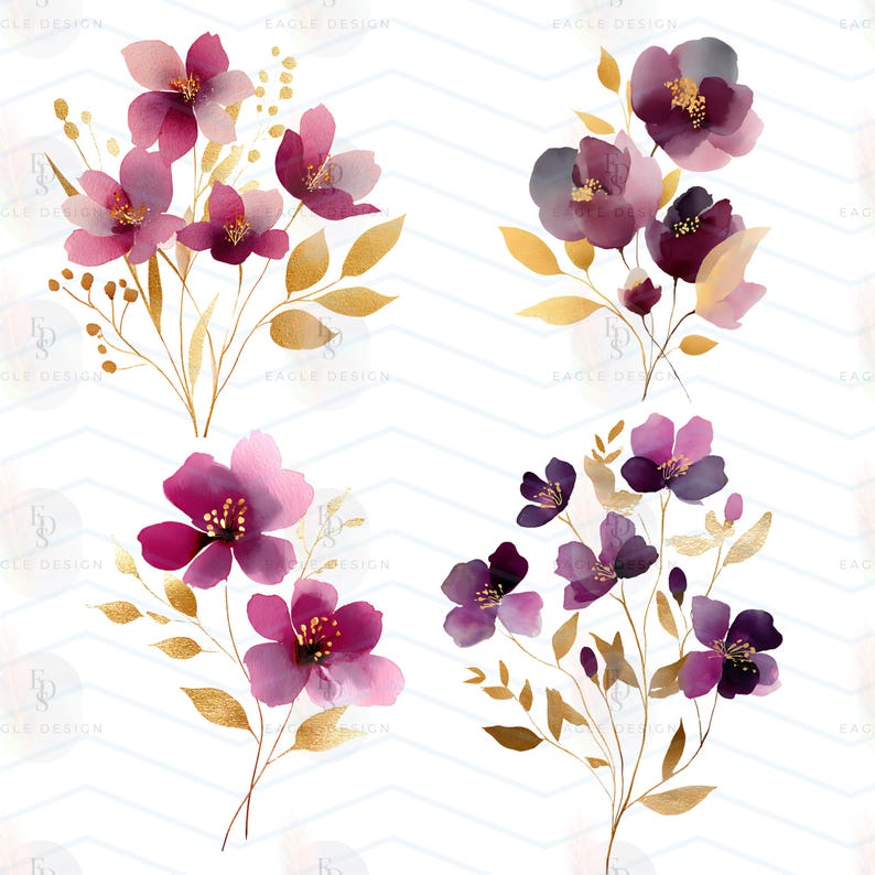 Plum & Gold Floral Clipart: Watercolor Flowers, 28 PNG Elements ...