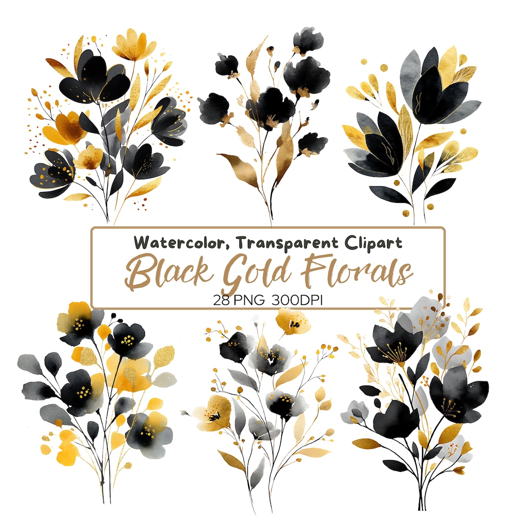 Black and Gold Floral Clipart: 28 PNG Wedding Elements (digital ...
