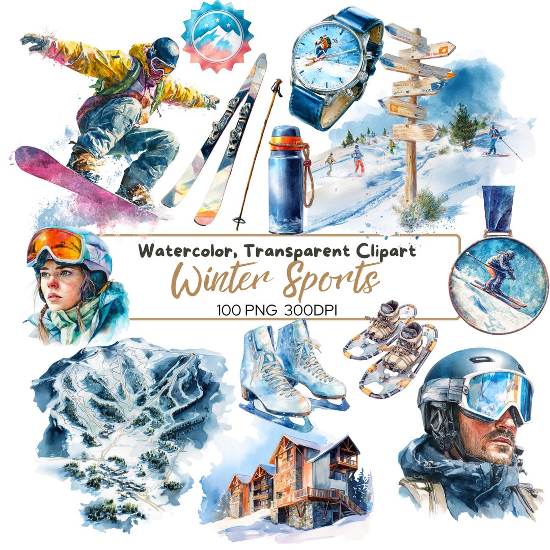 100 PNG WINTER Sports Watercolor Clipart Bundle – Ski & Snowboard ...