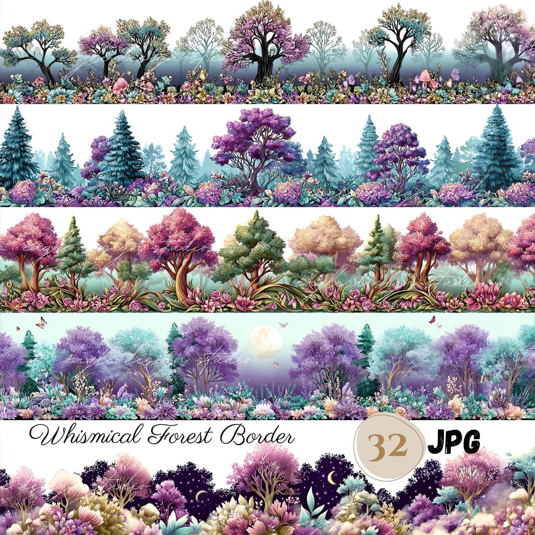 Whimsical Forest Border Clipart: Fantasy Woodland Tree Landscape (JPG ...