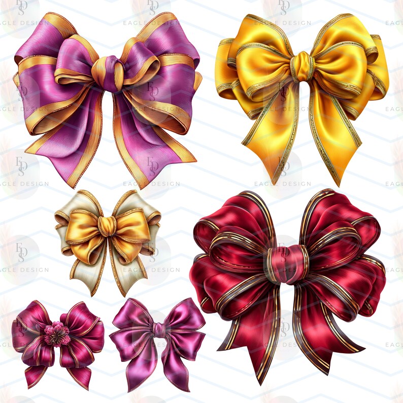 48 PNG Elegant Ribbon Bow Clipart Bundle, Satin Silk Gift Bows for ...