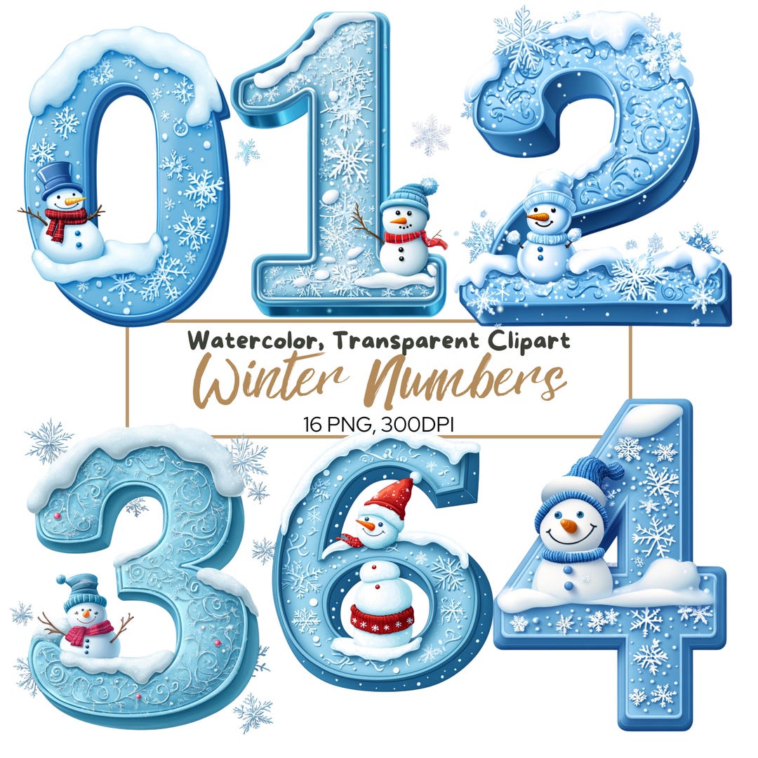 Winter Numbers Clipart: Snowflakes, Snowman, Illuminated PNG (digital ...