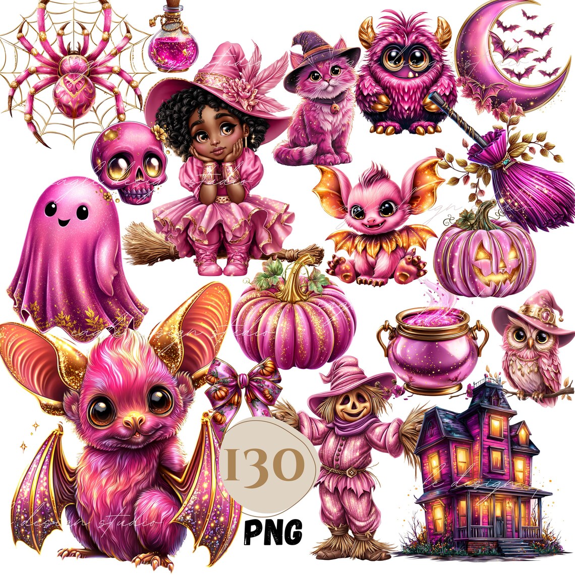 Pink Halloween Clipart Bundle: Witchy, Spooky, Kawaii (digital Download ...