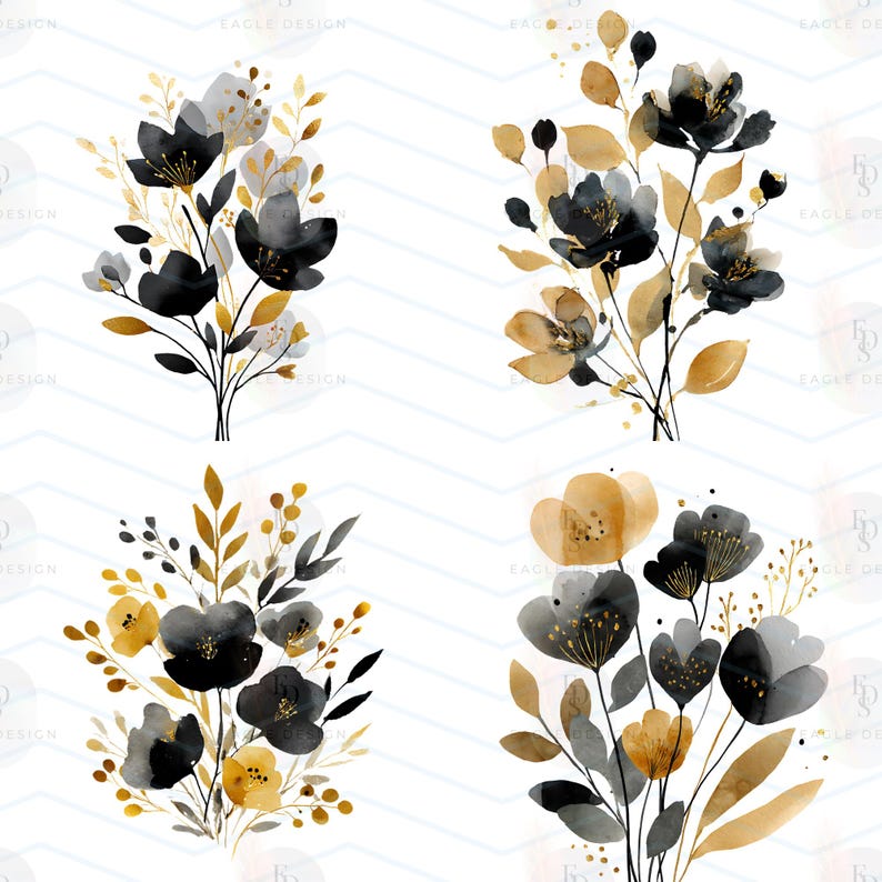 Black and Gold Floral Clipart: 28 PNG Wedding Elements (digital ...