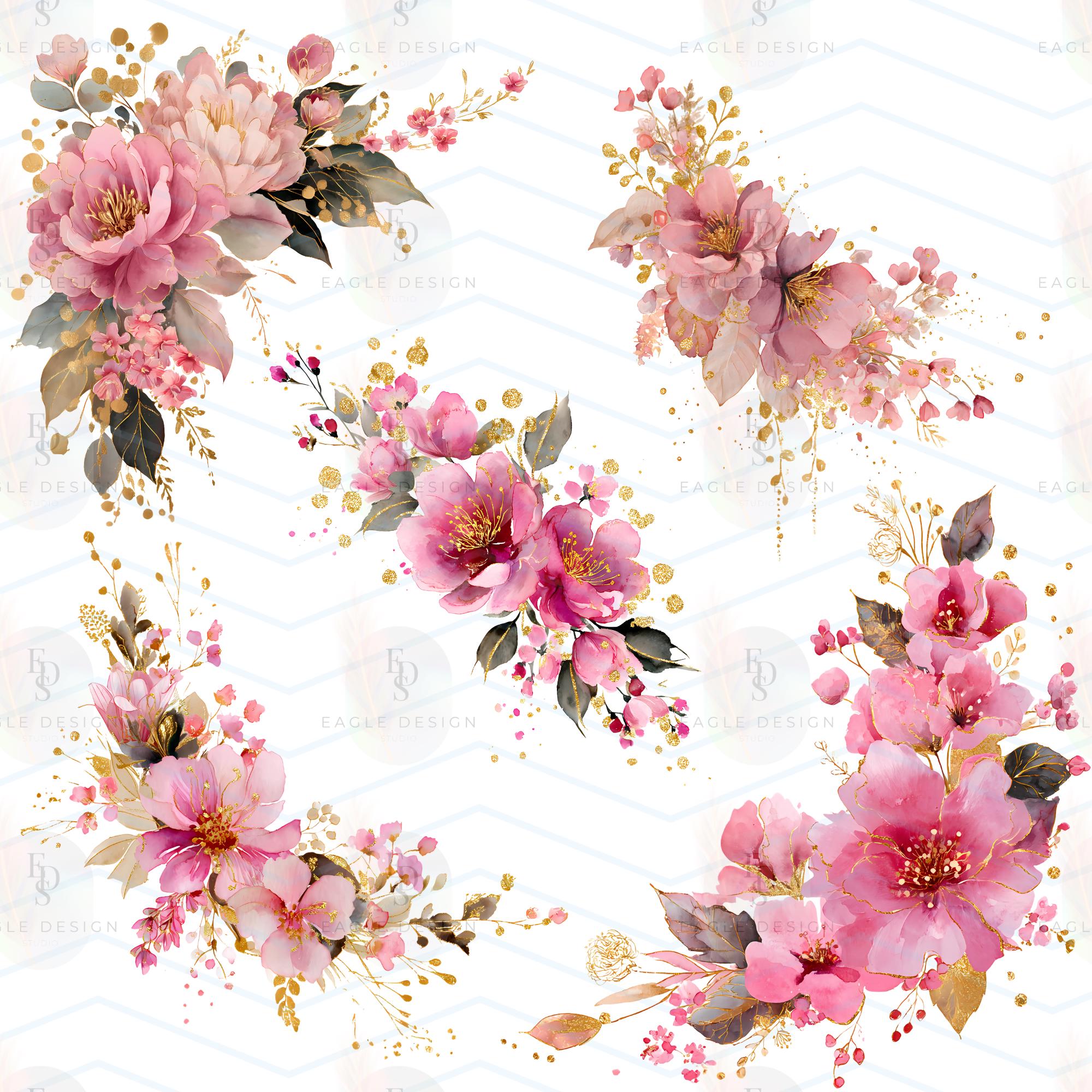 30 PNG PINK Gold Watercolor Corner Border FLOWERS Clip Arts, Pastel ...