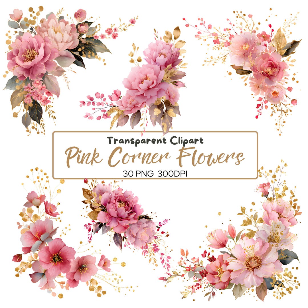 30 PNG PINK Gold Watercolor Corner Border FLOWERS Clip Arts, Pastel ...
