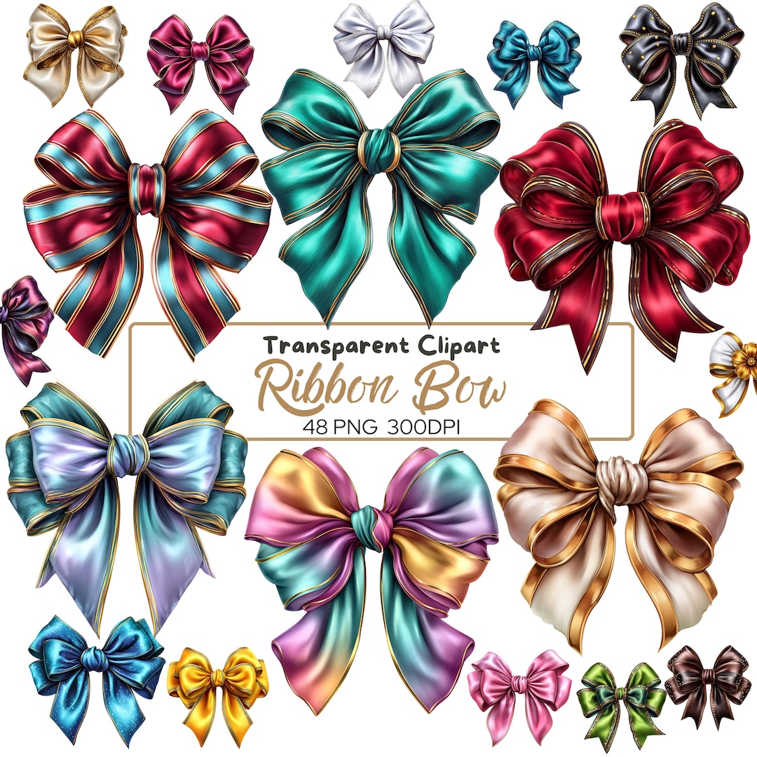 48 PNG Elegant Ribbon Bow Clipart Bundle, Satin Silk Gift Bows for ...