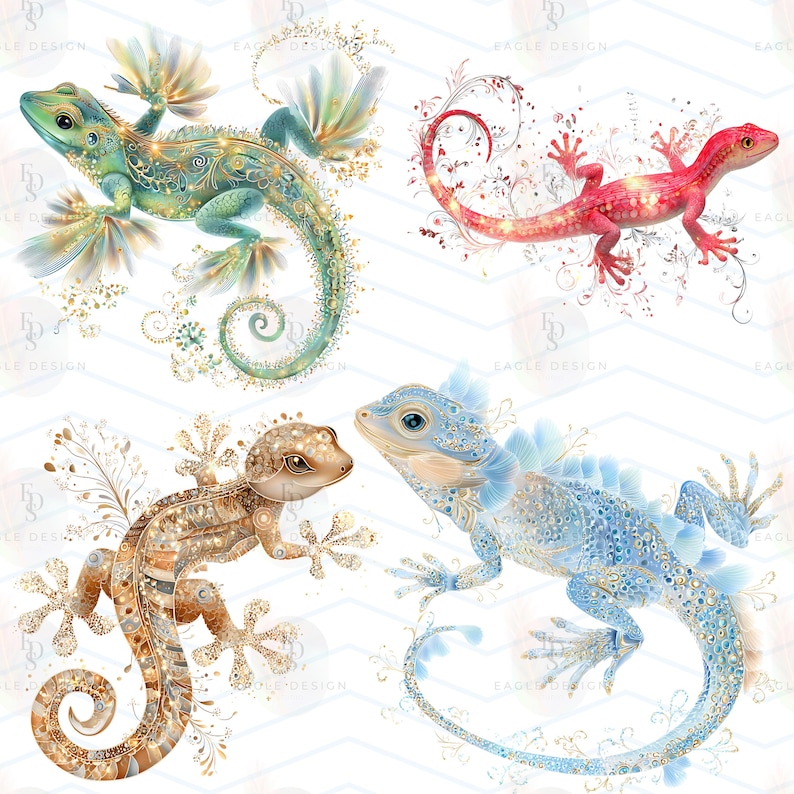 Fantasy Lizard Clipart Bundle, Glitter LIZARDS Clip Art PNG, Sparkling ...