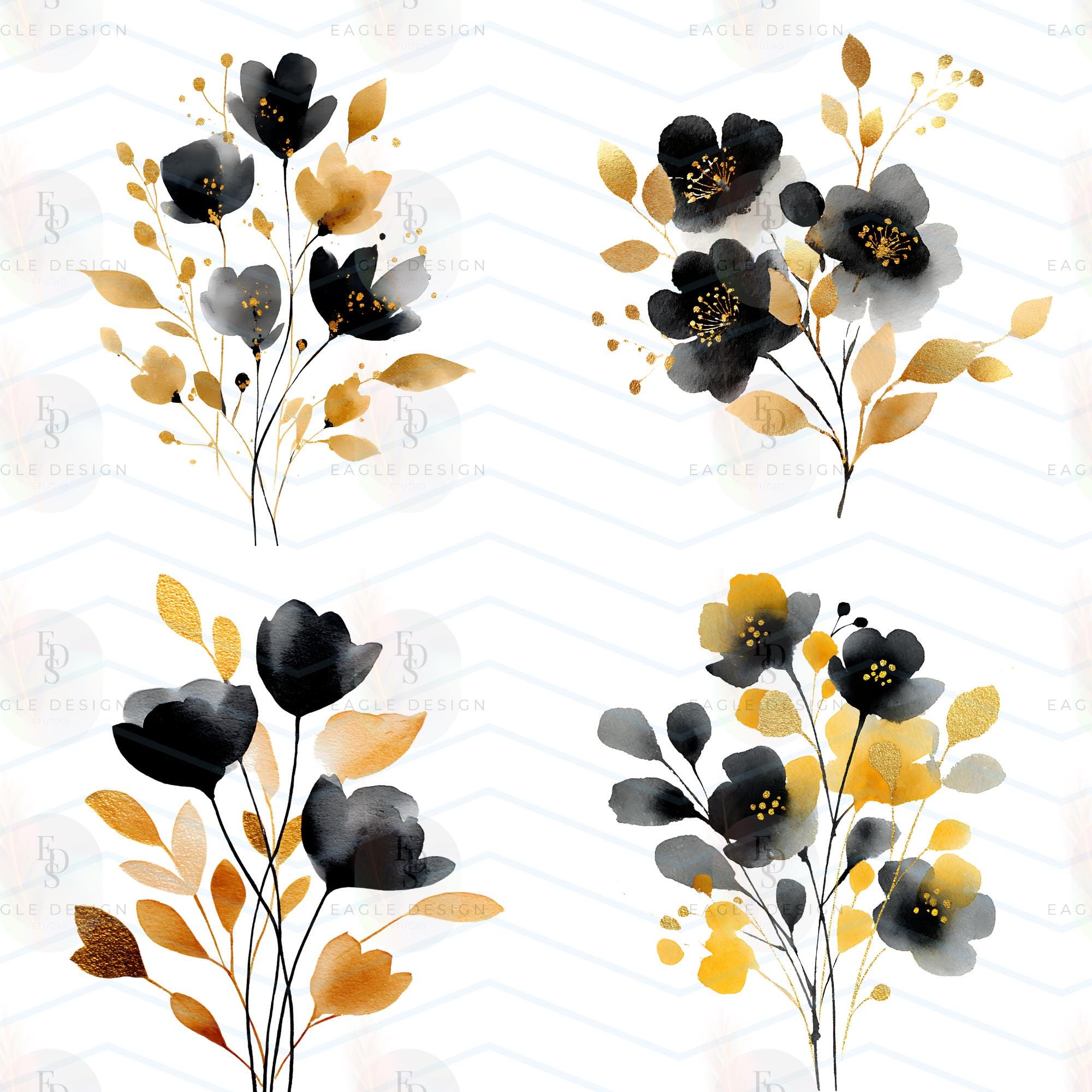 Black and Gold Floral Clipart: 28 PNG Wedding Elements (digital ...