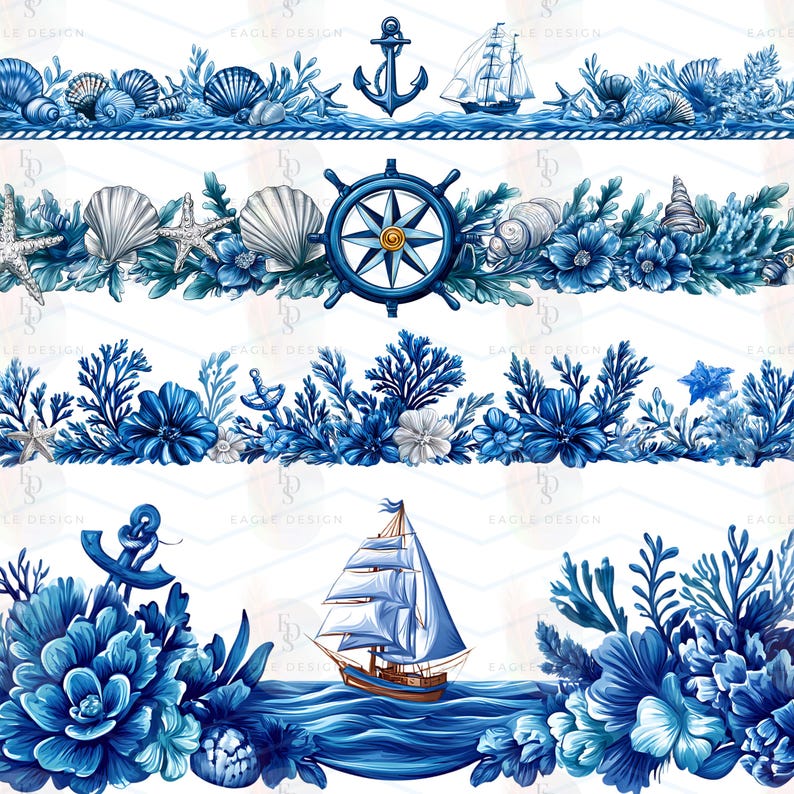 30 PNG Blue Nautical Borders Clipart, Seashell Ocean Anchor Lighthouse ...