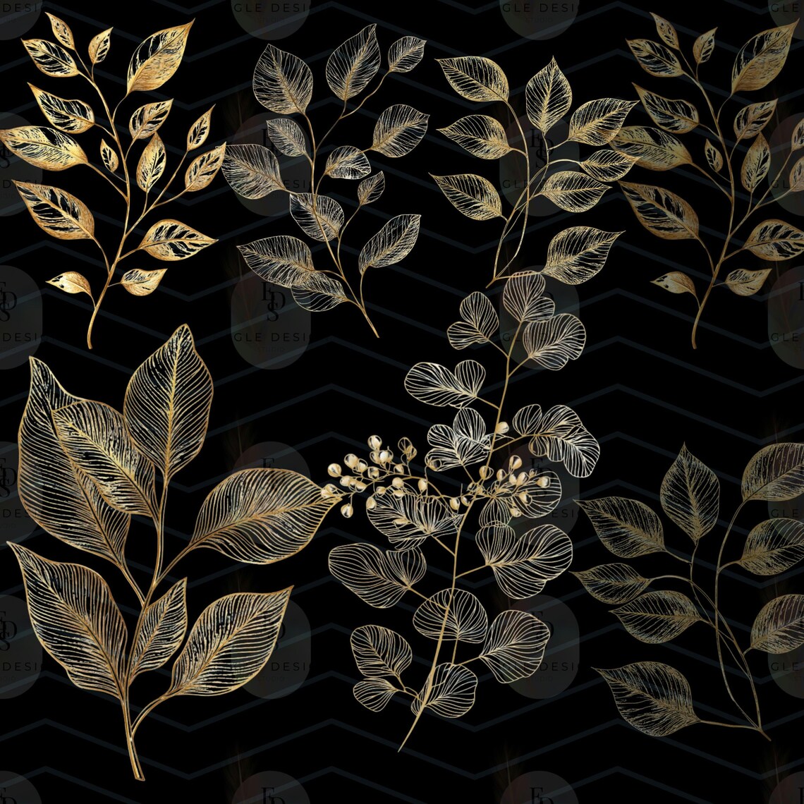 50 PNG GOLDEN Elements Flora Clip Arts (300 Dpi, Commercial Use, Bundle ...