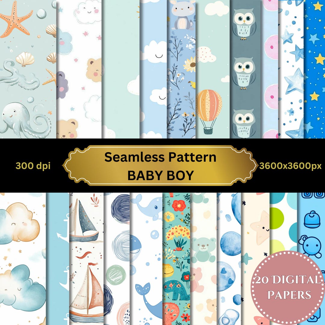 20 Cute BABY Boy Paper, Seamless Digital Papers, Babyshower, Birthday ...