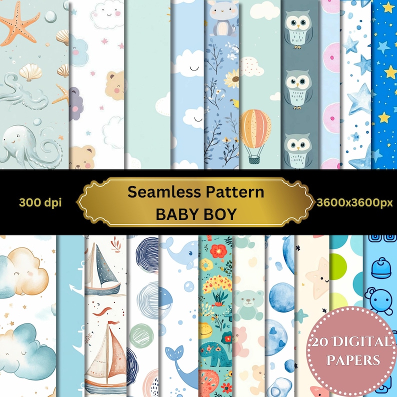 20 Cute BABY Boy Paper, Seamless Digital Papers, Babyshower, Birthday ...