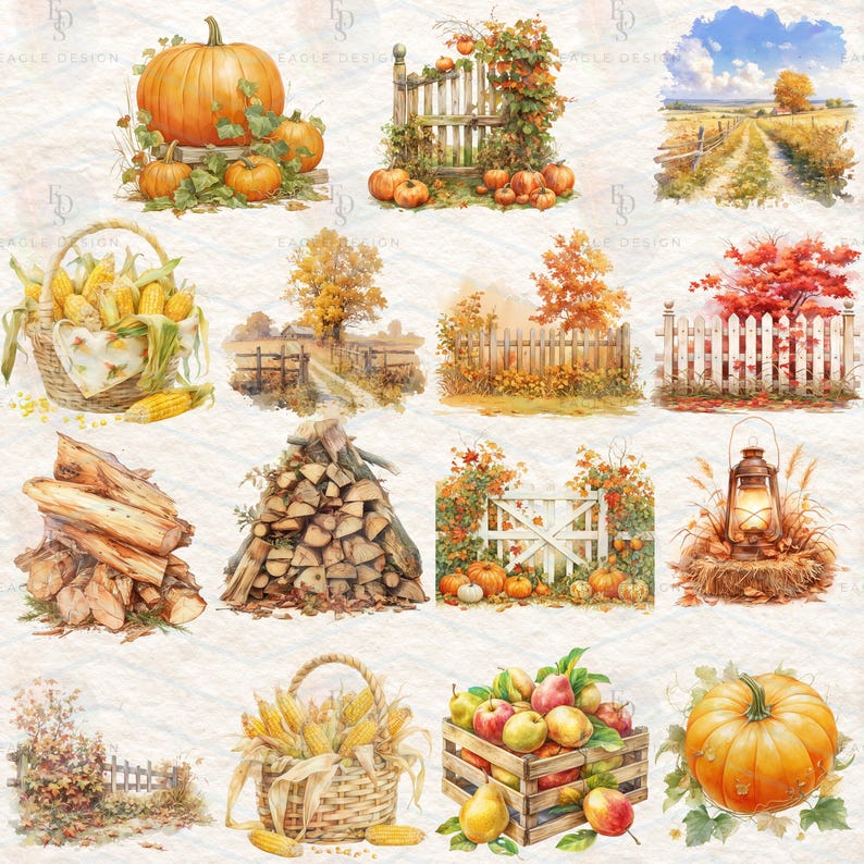 120 PNG Autumn Harvest Clipart Bundle, Watercolor Fall Farm PNG ...