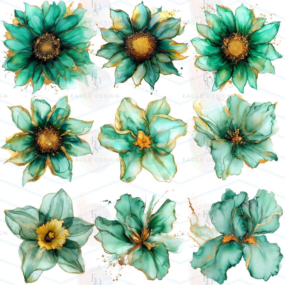 70 PNG GREEN and Golden Single FLOWERS Clip Arts (300 Dpi, Commercial ...