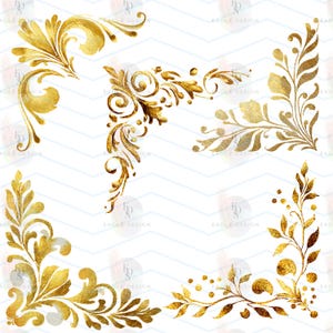 Golden Watercolor Flower Corner Borders: 30 PNG Clip Art (digital ...