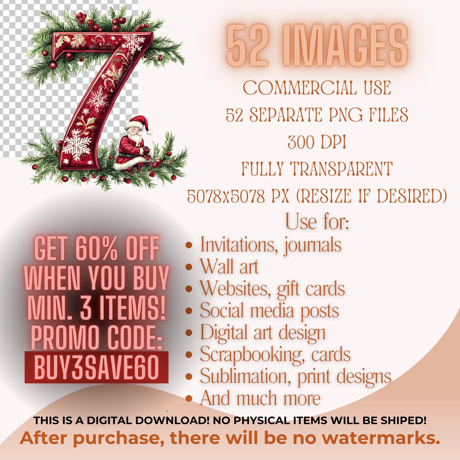 52 PNG, Illuminated CHRISTMAS Numbers Bundle Card Clipart, Christmas ...