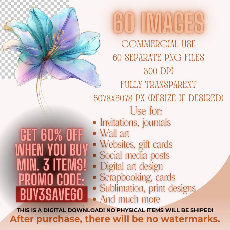 60 PNG TEAL and Purple Watercolor FLOWERS Clip Arts (300 Dpi ...