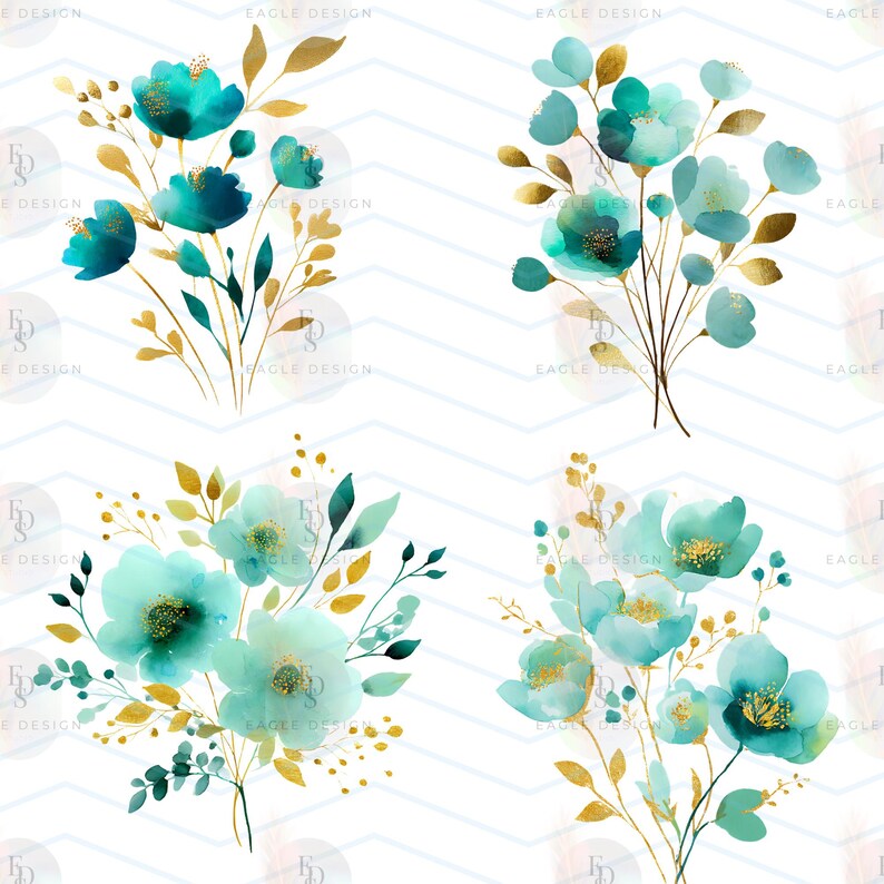 Mint Green & Gold Floral Clip Art: 28 PNG Wedding Elements (digital ...