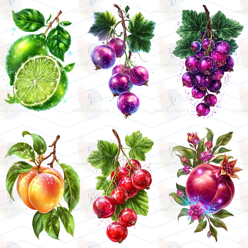 60 PNG Glowing FRUIT Clipart Bundle, Transparent, Neon Sparkle Fruit ...
