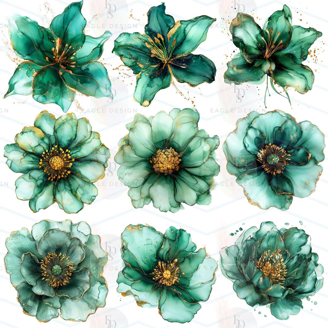 70 PNG GREEN and Golden Single FLOWERS Clip Arts (300 Dpi, Commercial ...
