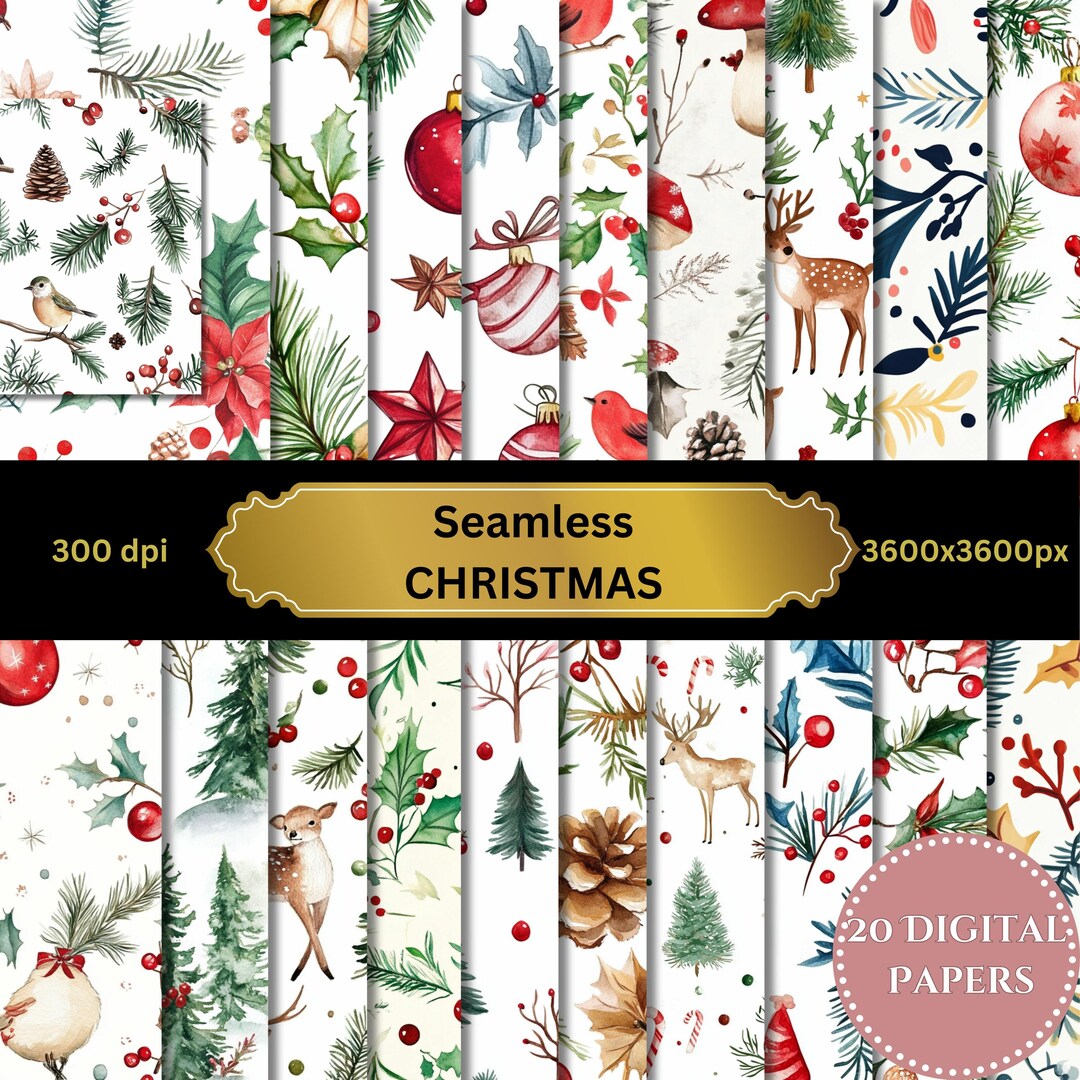 Watercolor Christmas Digital Paper Set - Christmas Seamless Pattern ...