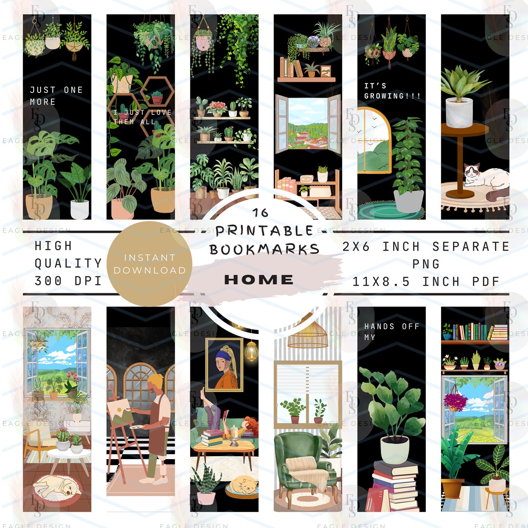 16 Printable Bookmarks Home Plants Cat Dog Window Design, Letter Size ...