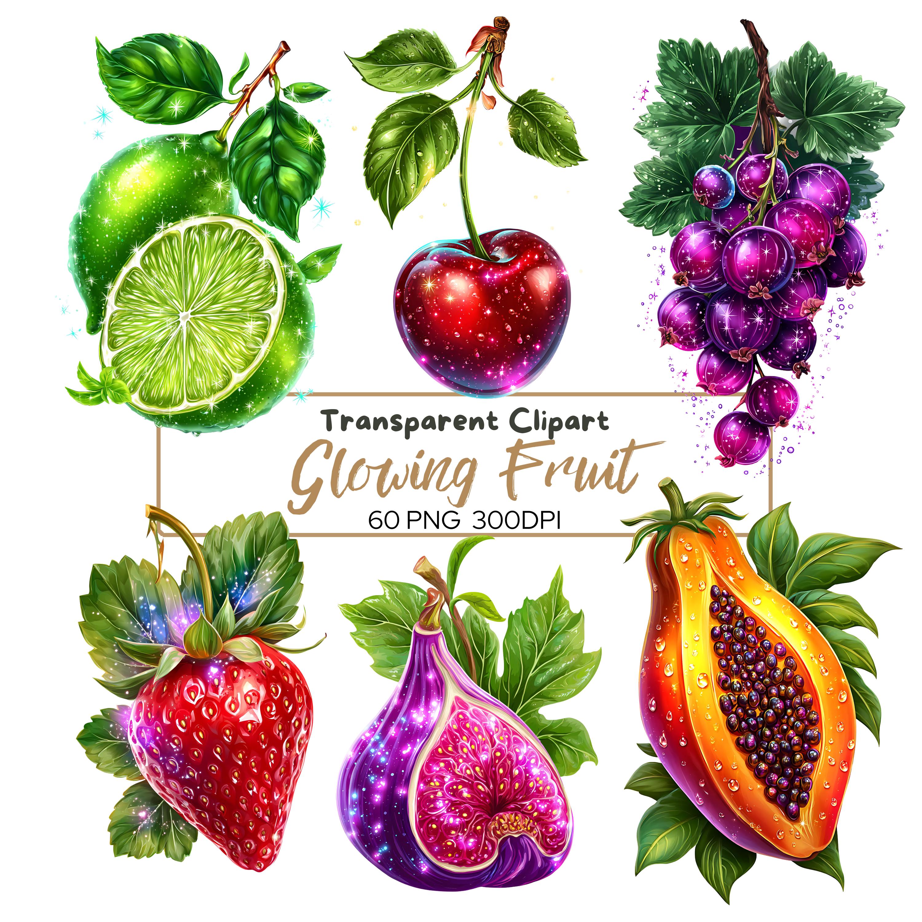 60 PNG Glowing FRUIT Clipart Bundle, Transparent, Neon Sparkle Fruit ...