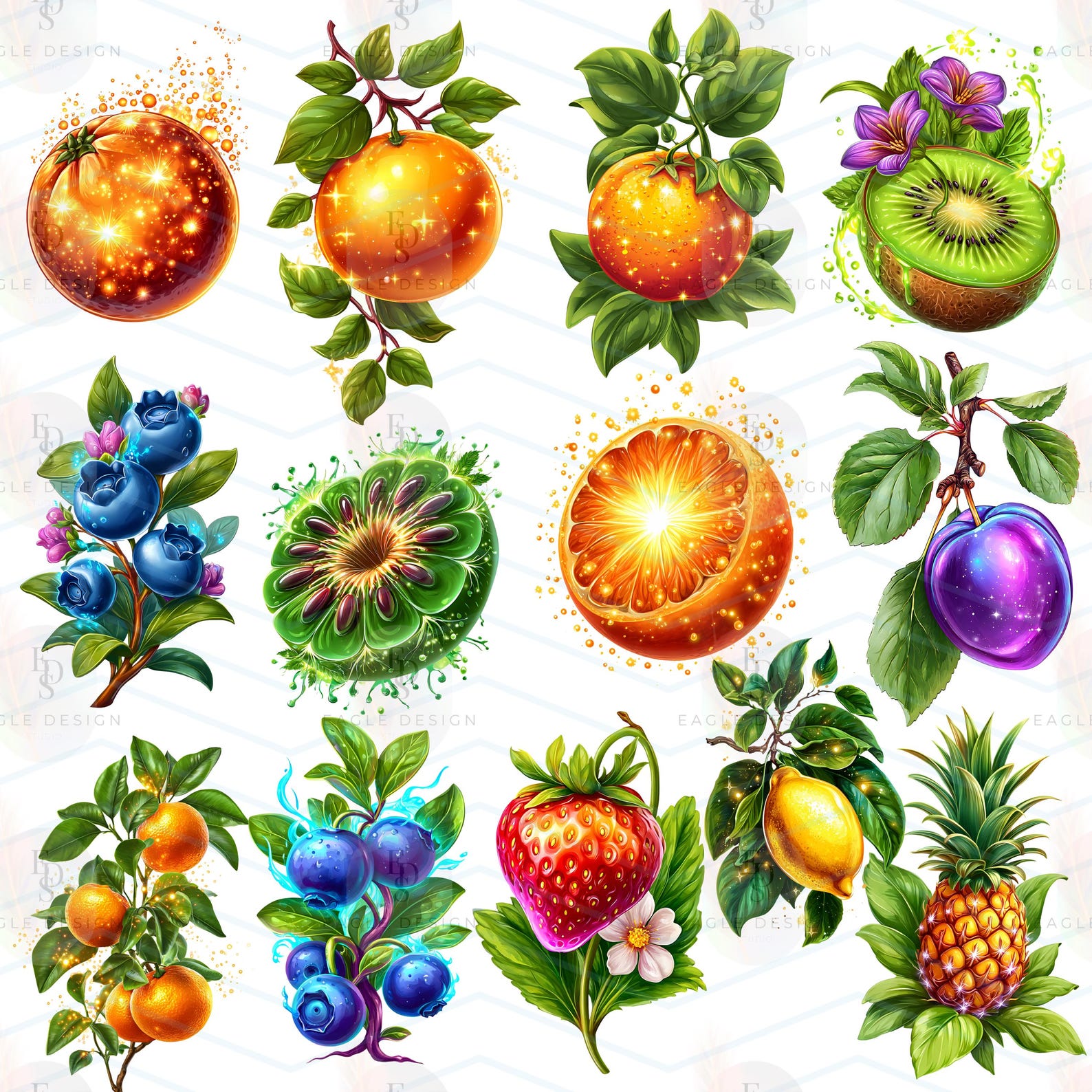 60 PNG Glowing FRUIT Clipart Bundle, Transparent, Neon Sparkle Fruit ...