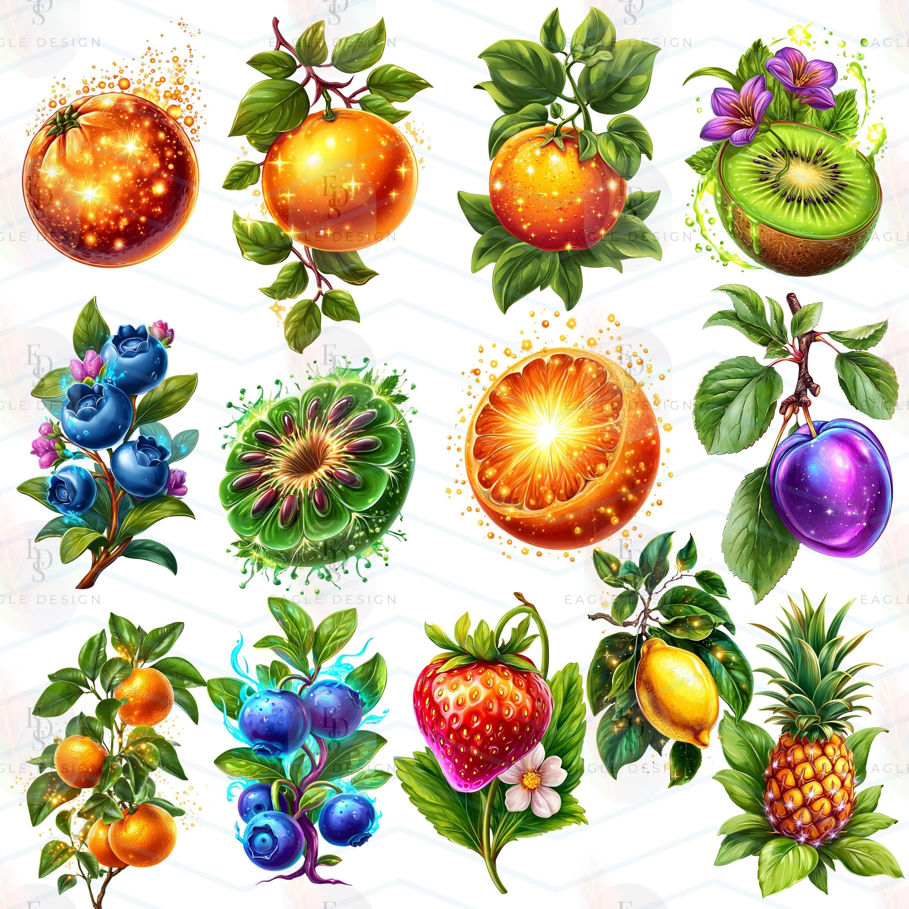 60 PNG Glowing FRUIT Clipart Bundle, Transparent, Neon Sparkle Fruit ...