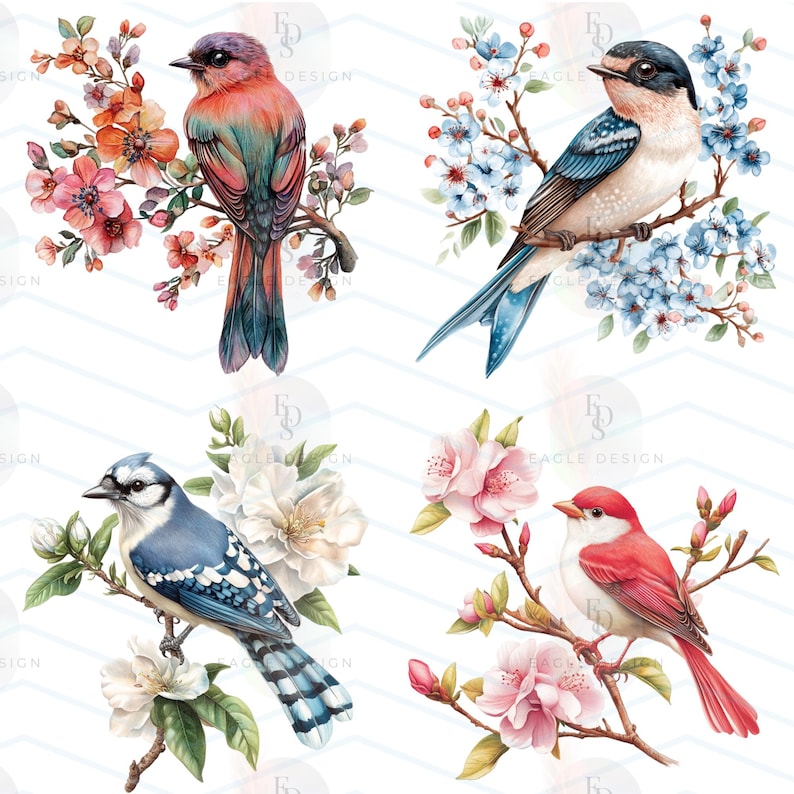 50 PNG Floral BIRDS Clipart Bundle, Birds on Floral Branch Clipart ...