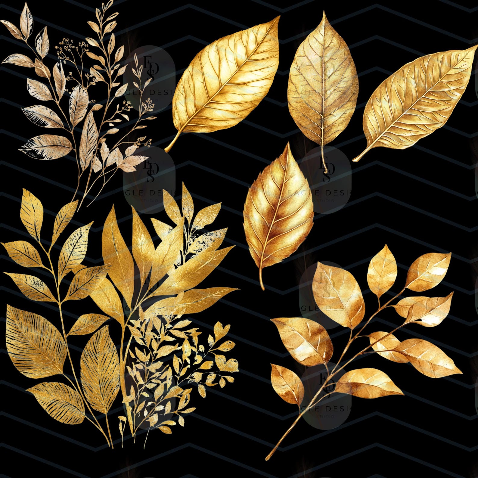 50 PNG GOLDEN Elements Flora Clip Arts (300 Dpi, Commercial Use, Bundle ...
