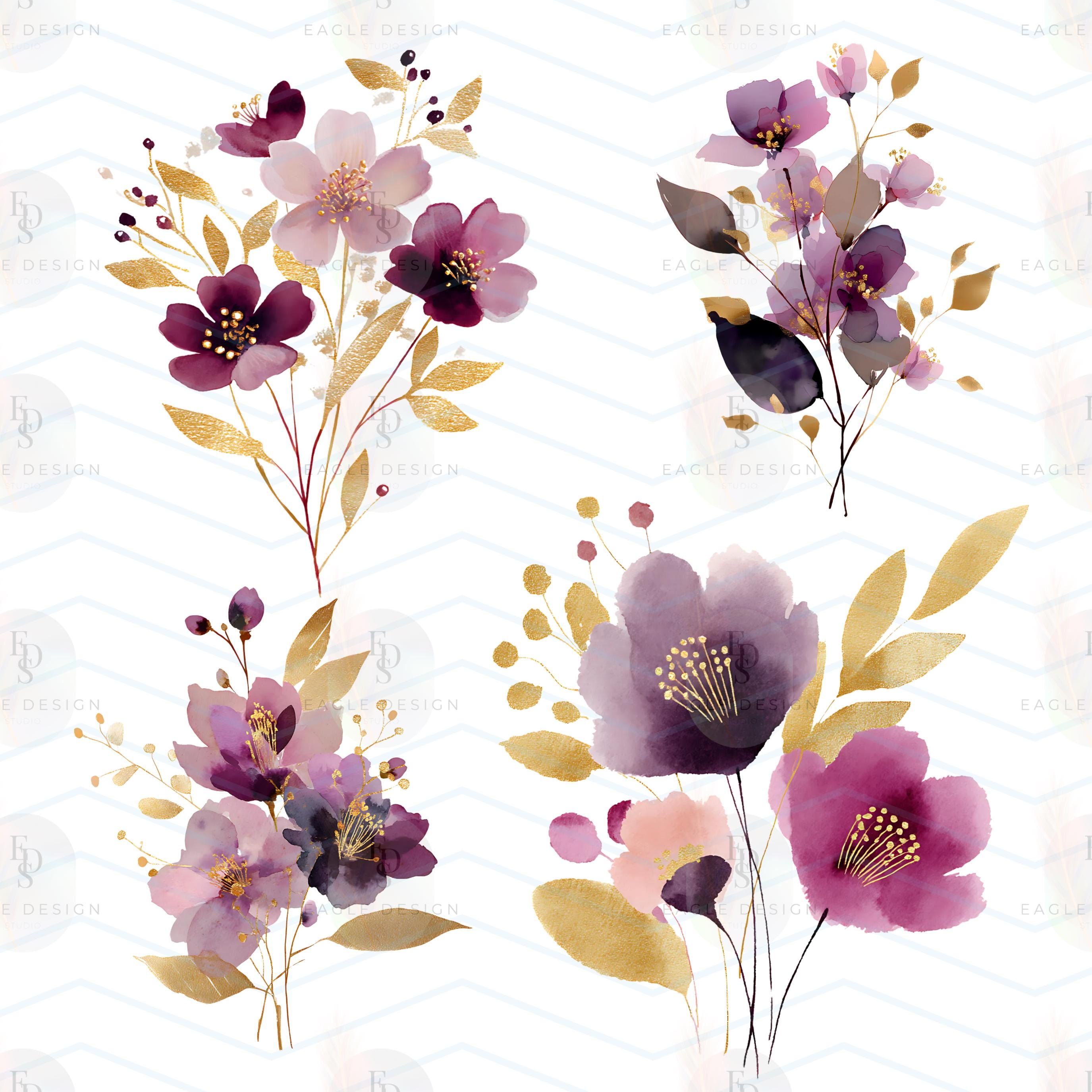 Plum & Gold Floral Clipart: Watercolor Flowers, 28 PNG Elements ...
