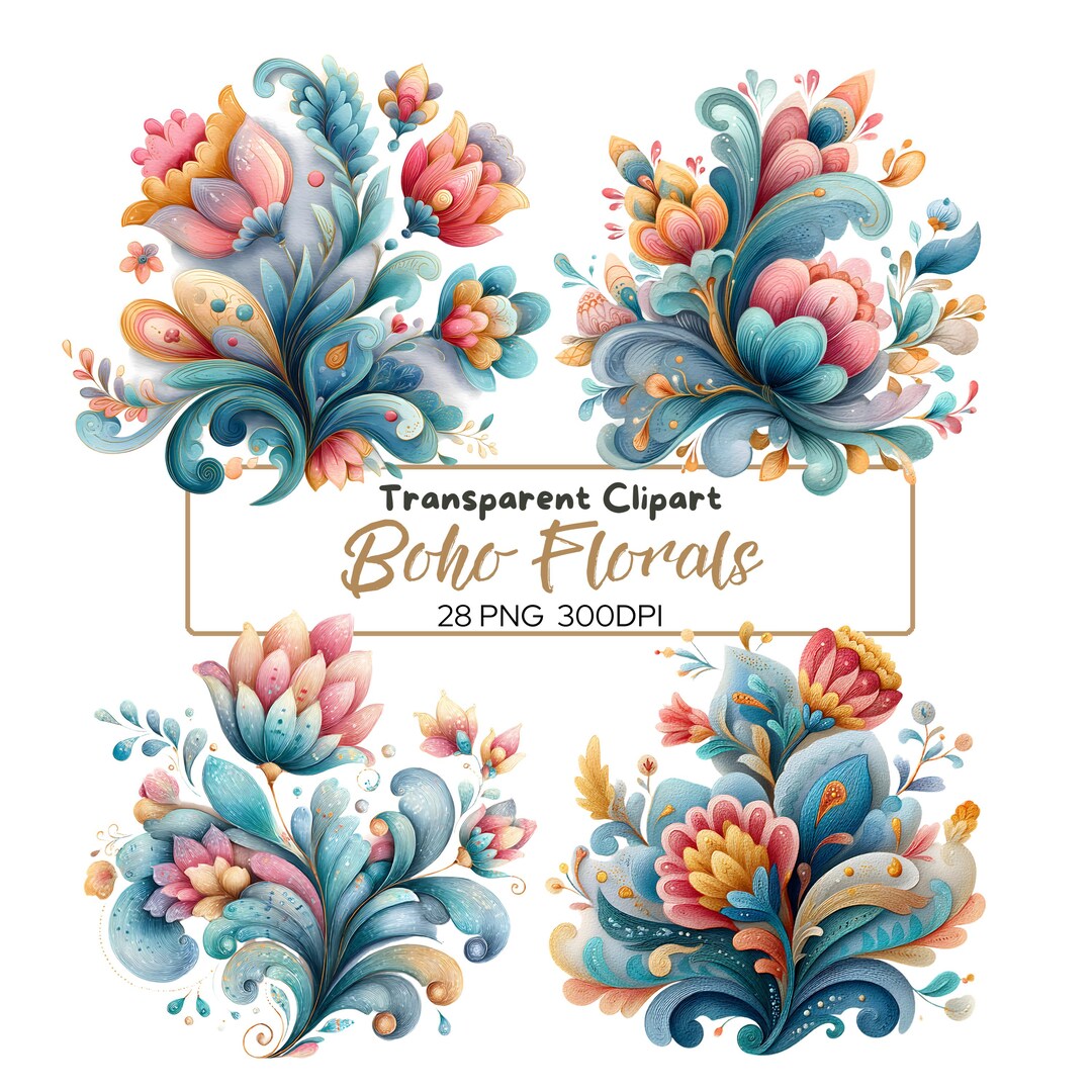 Boho Floral Clipart PNG Bundle | 28 Transparent Boho Flowers ...